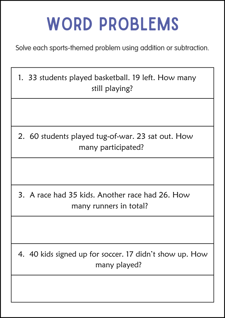 Addition and Subtraction Word Problems Within 100 Worksheets for Grade ...