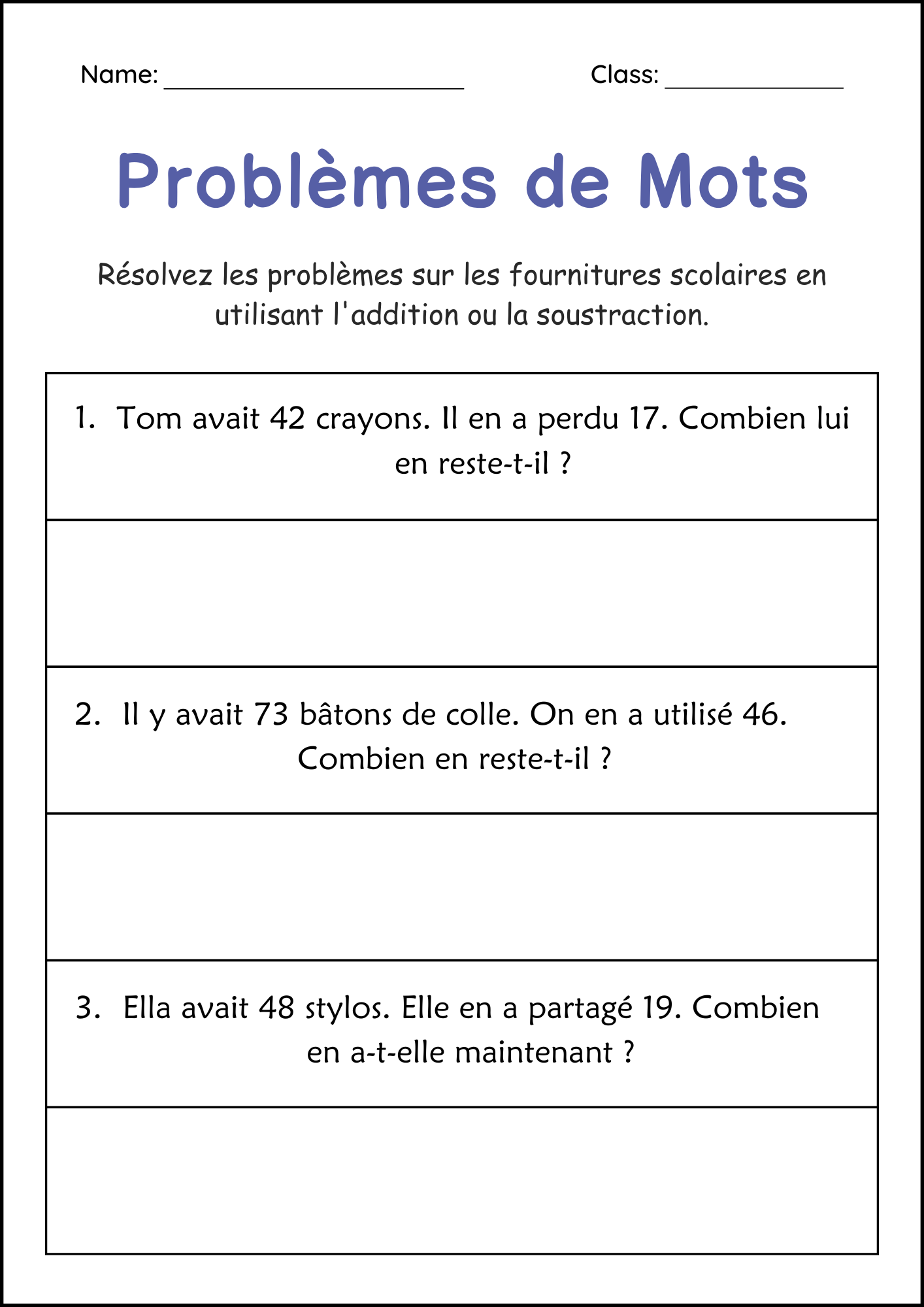 Addition and Subtraction Word Problems Within 100 Worksheets in French ...