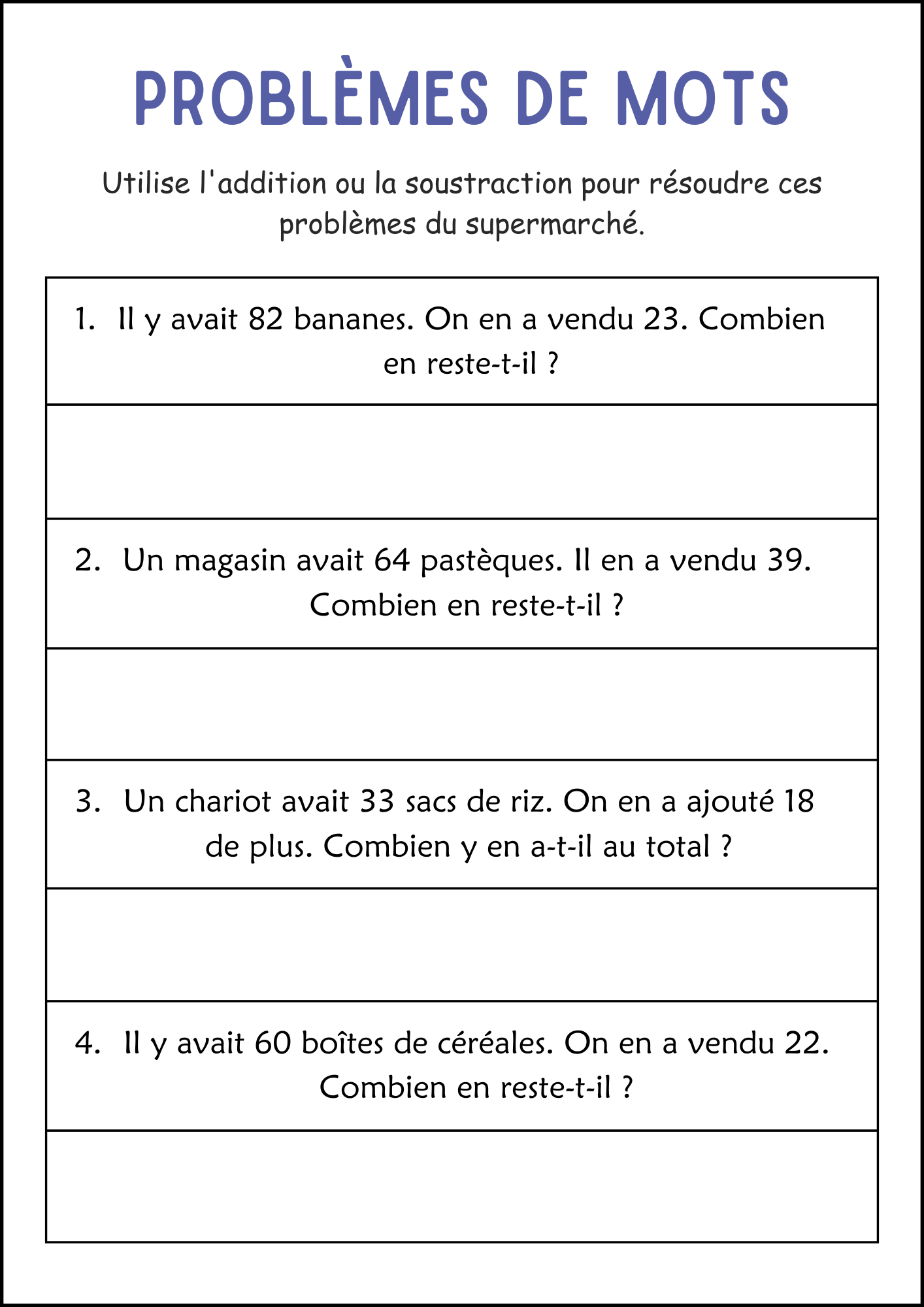 Addition and Subtraction Word Problems Within 100 Worksheets in French ...