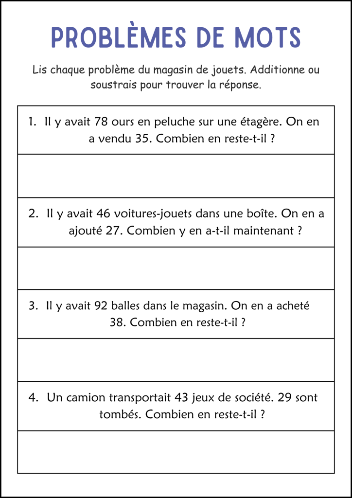 Addition and Subtraction Word Problems Within 100 Worksheets in French ...