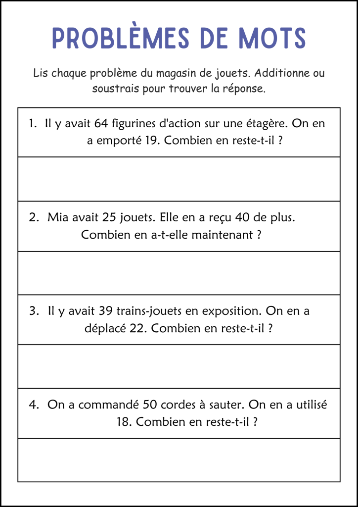 Addition and Subtraction Word Problems Within 100 Worksheets in French ...