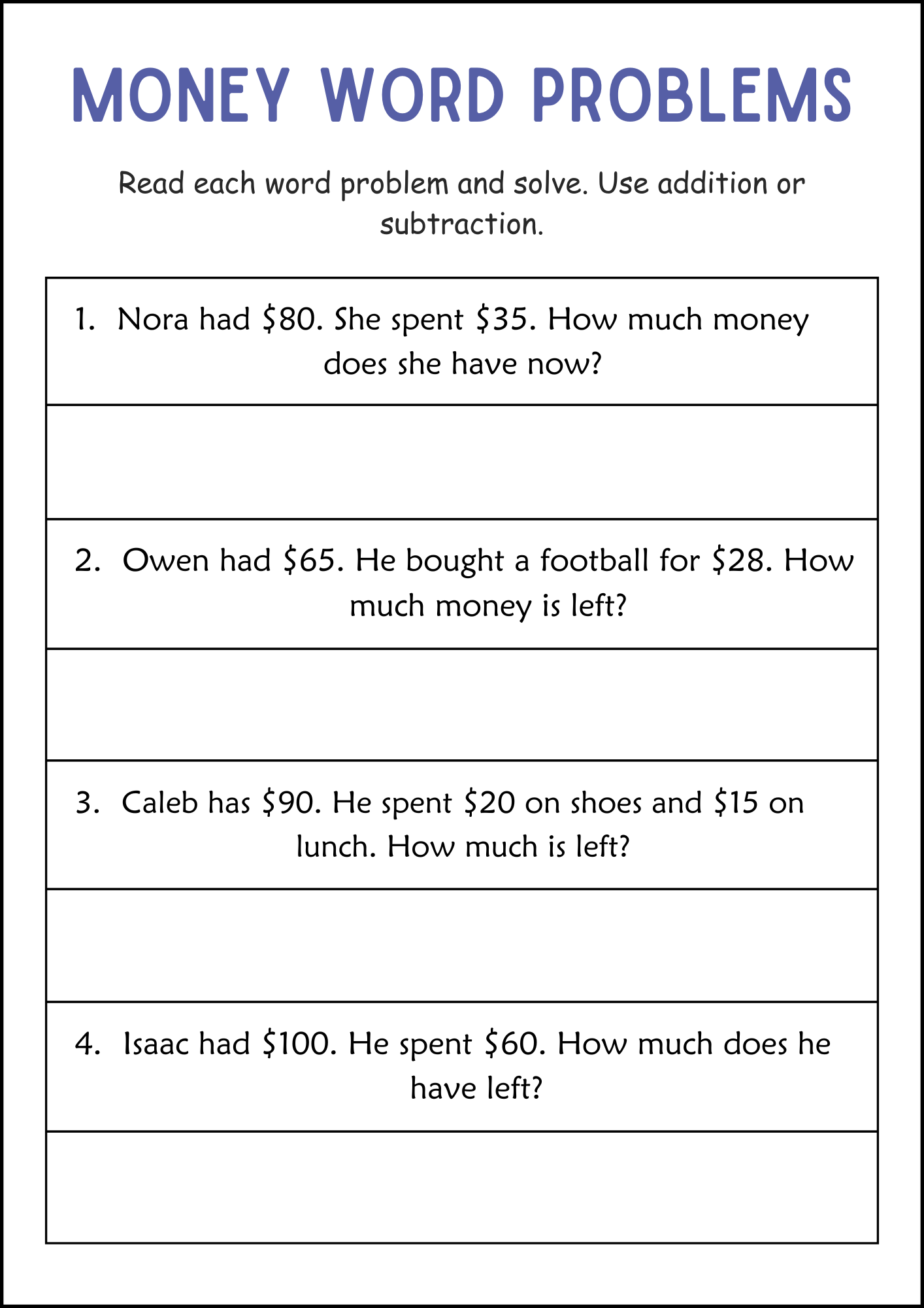 Addition and Subtraction Money Word Problems Math Worksheets for Grade ...