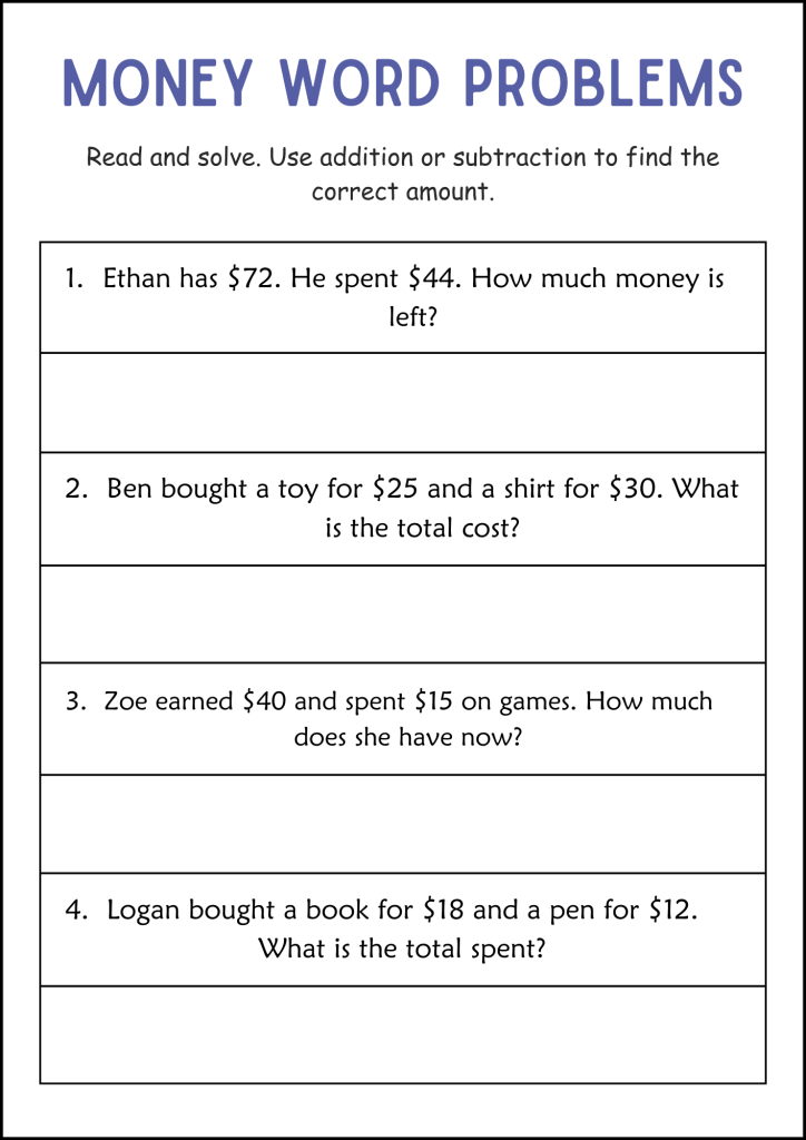 Addition and Subtraction Money Word Problems Math Worksheets for Grade ...
