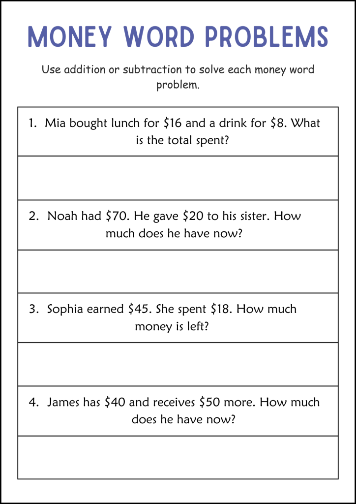 Addition and Subtraction Money Word Problems Math Worksheets for Grade ...