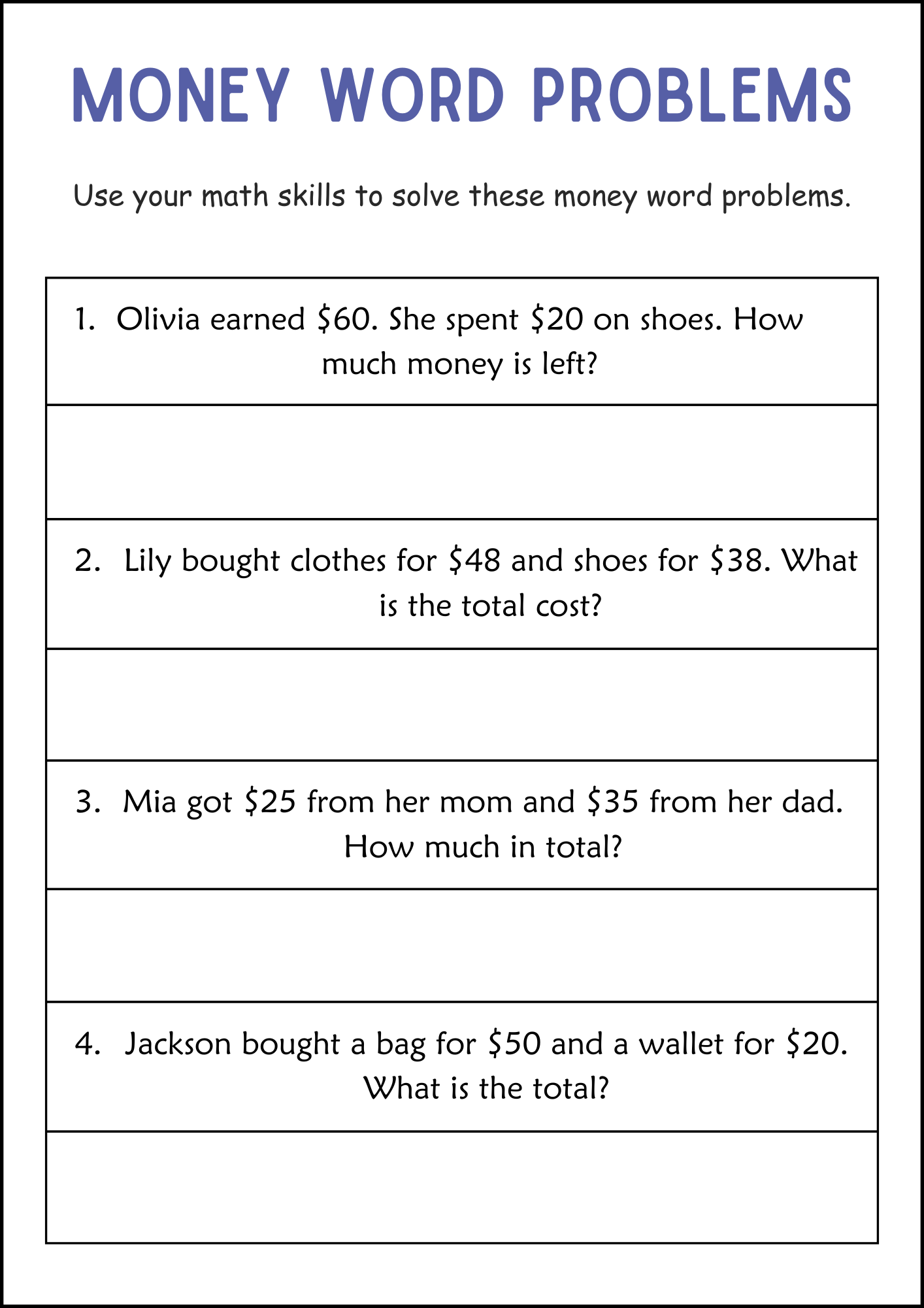 Addition and Subtraction Money Word Problems Math Worksheets for Grade ...