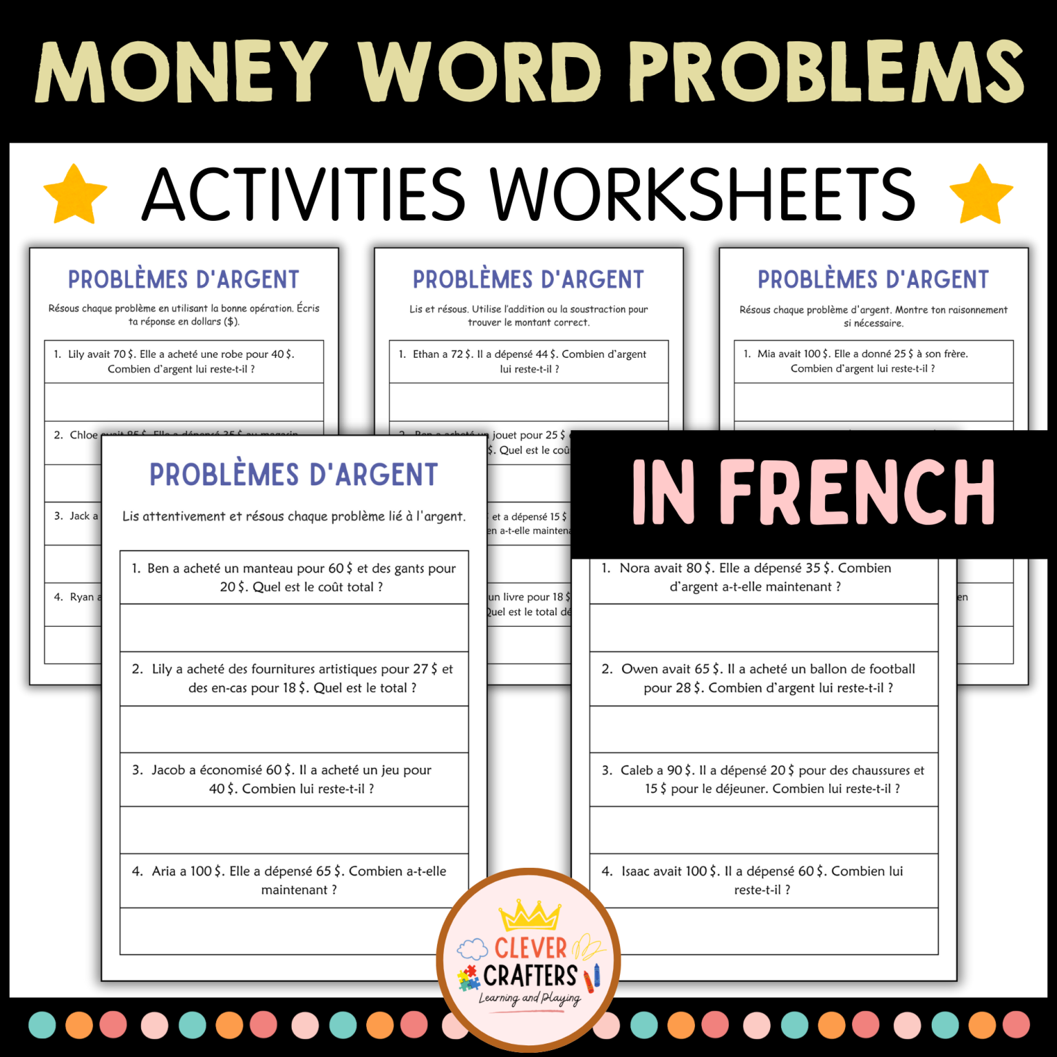 Addition and Subtraction Money Word Problems Math Worksheets in French ...