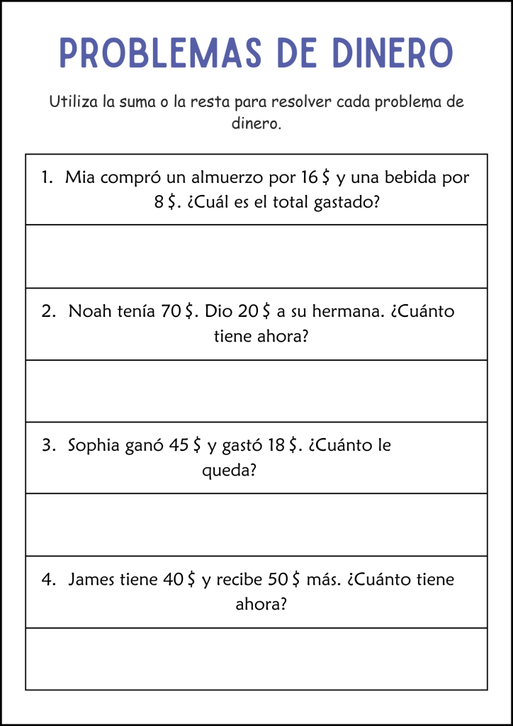 Addition and Subtraction Money Word Problems Math Worksheets in Spanish ...