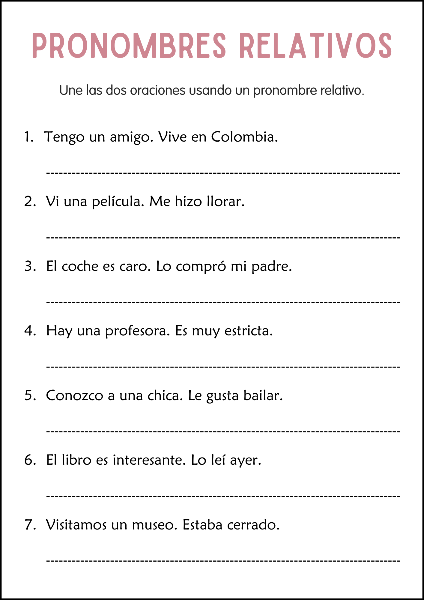 Spanish Relative Pronouns Practice Grammar Worksheets for Grade 2, 3, 4 ...