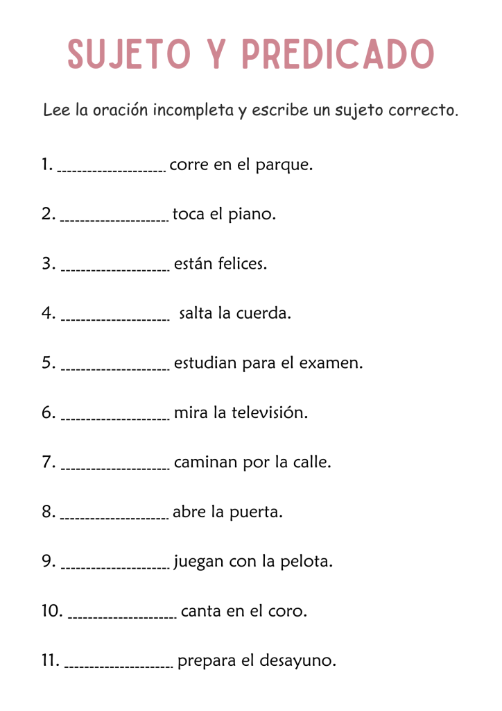 Spanish Subjects and Predicates - Sentence Structure Worksheets for ...