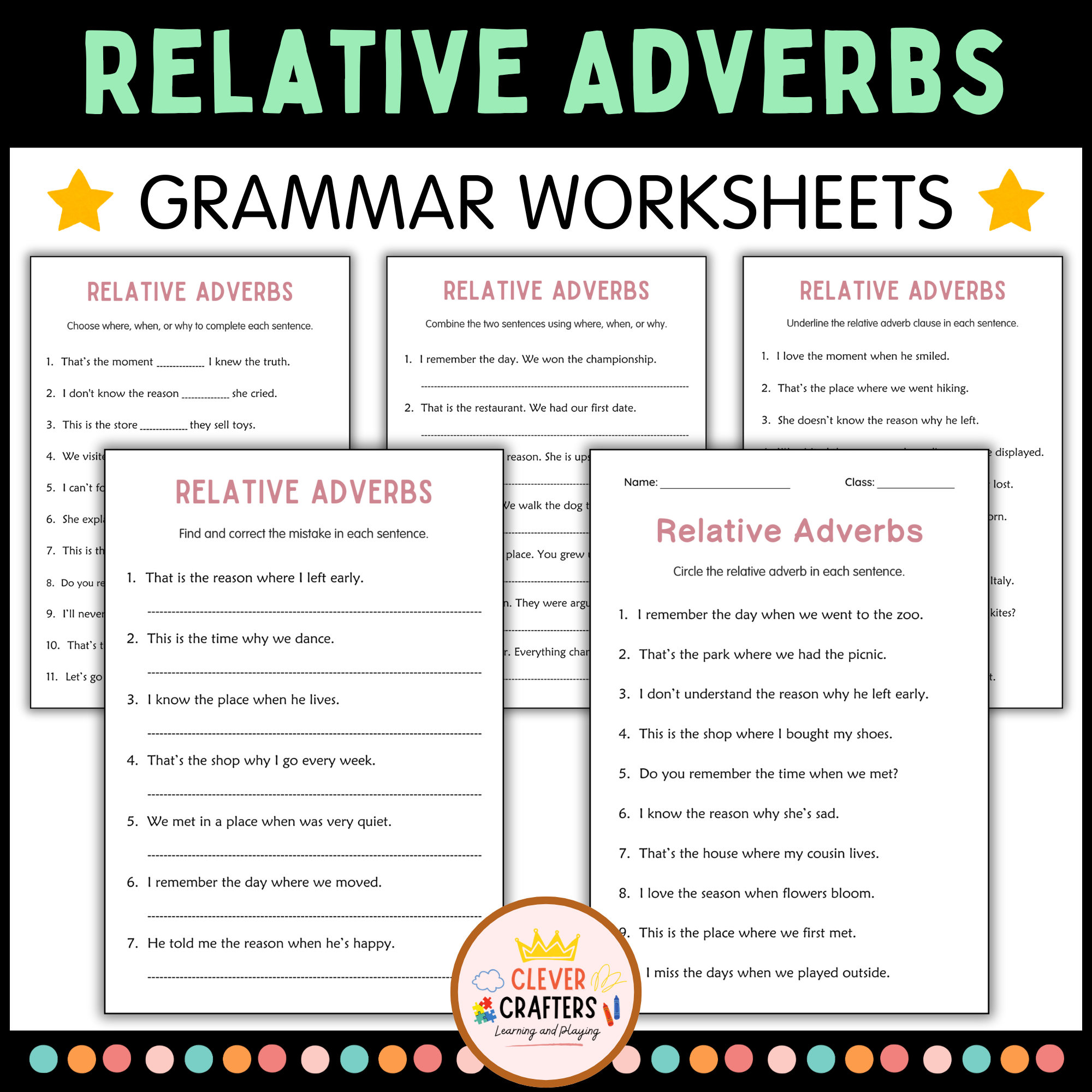 Relative Adverbs Practice Grammar Worksheets for Grade 2, 3, 4 | Made ...