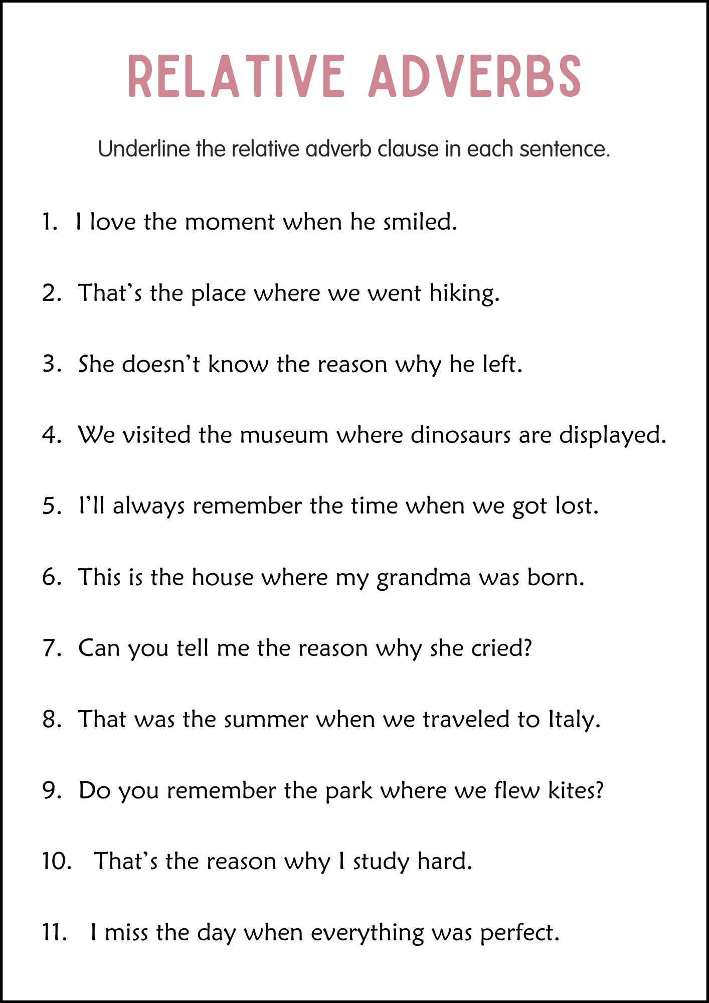 Relative Adverbs Practice Grammar Worksheets for Grade 2, 3, 4 - Made ...