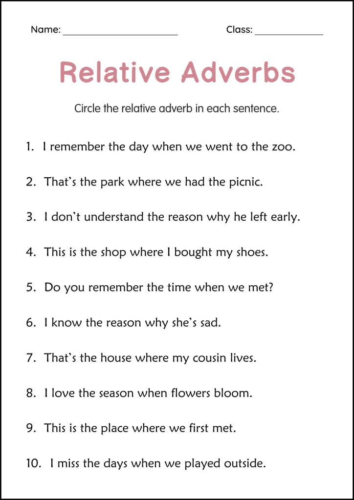 Relative Adverbs Practice Grammar Worksheets for Grade 2, 3, 4 - Made ...