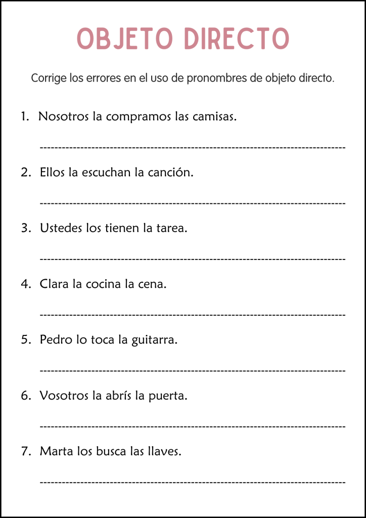 Direct Object Pronouns Practice Grammar Worksheets in Spanish for Grade ...