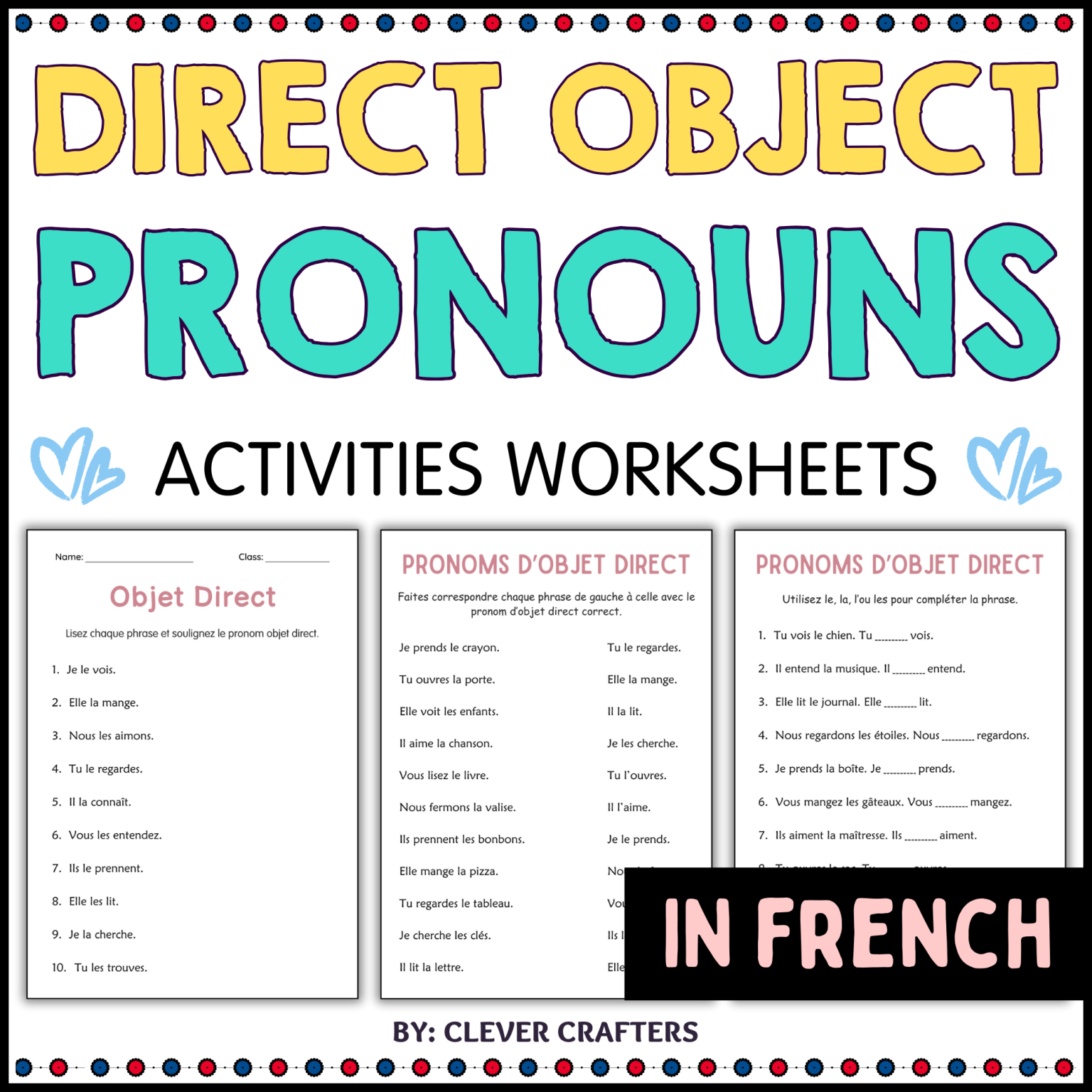 Direct Object Pronouns Practice Grammar Worksheets in French for Grade ...