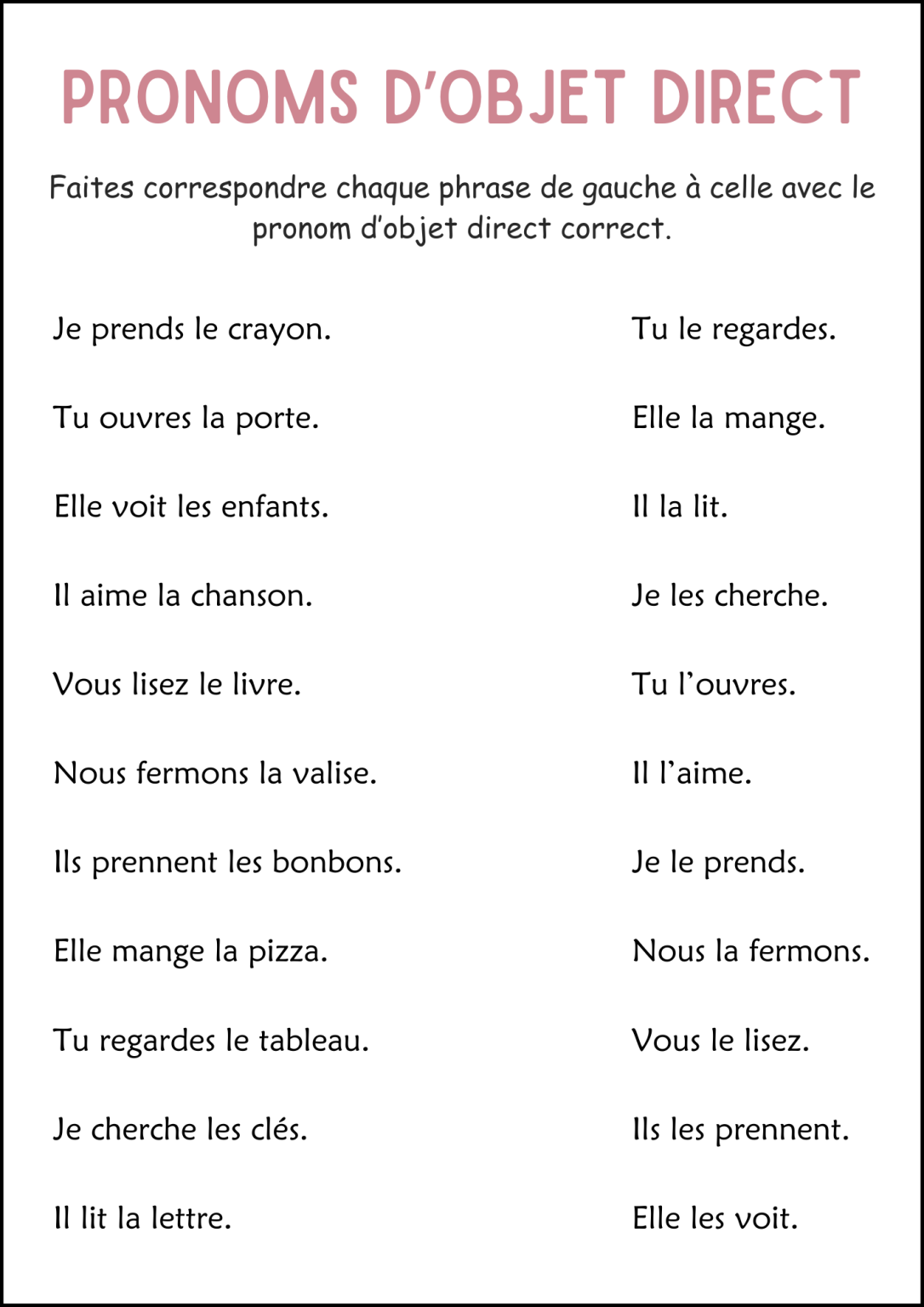 Direct Object Pronouns Practice Grammar Worksheets in French for Grade ...
