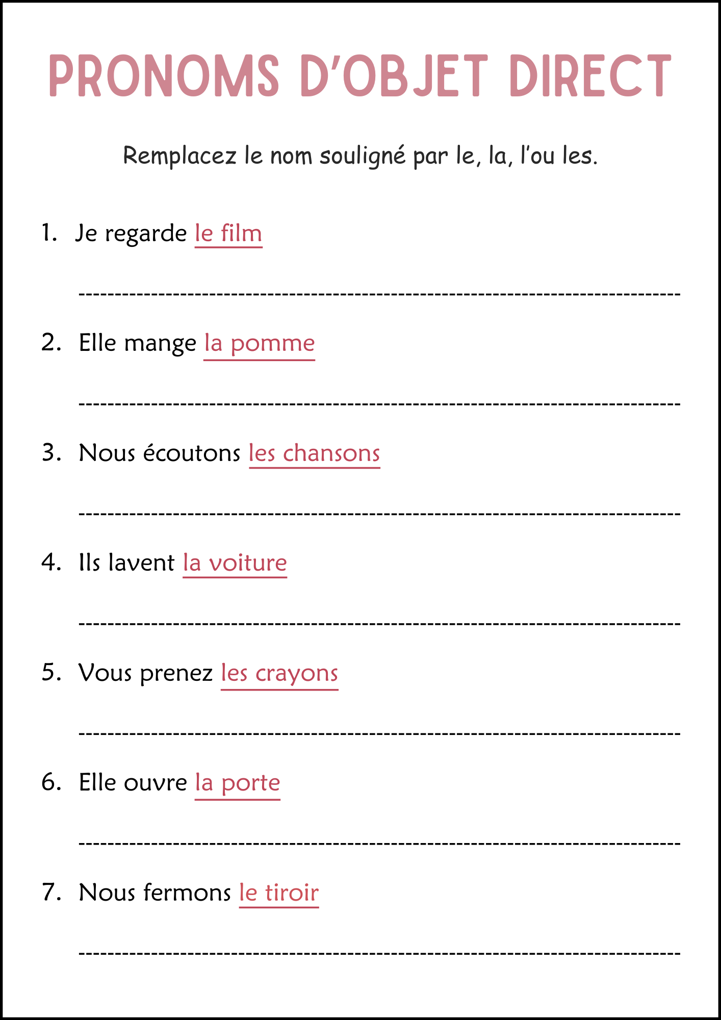 Direct Object Pronouns Practice Grammar Worksheets in French for Grade ...