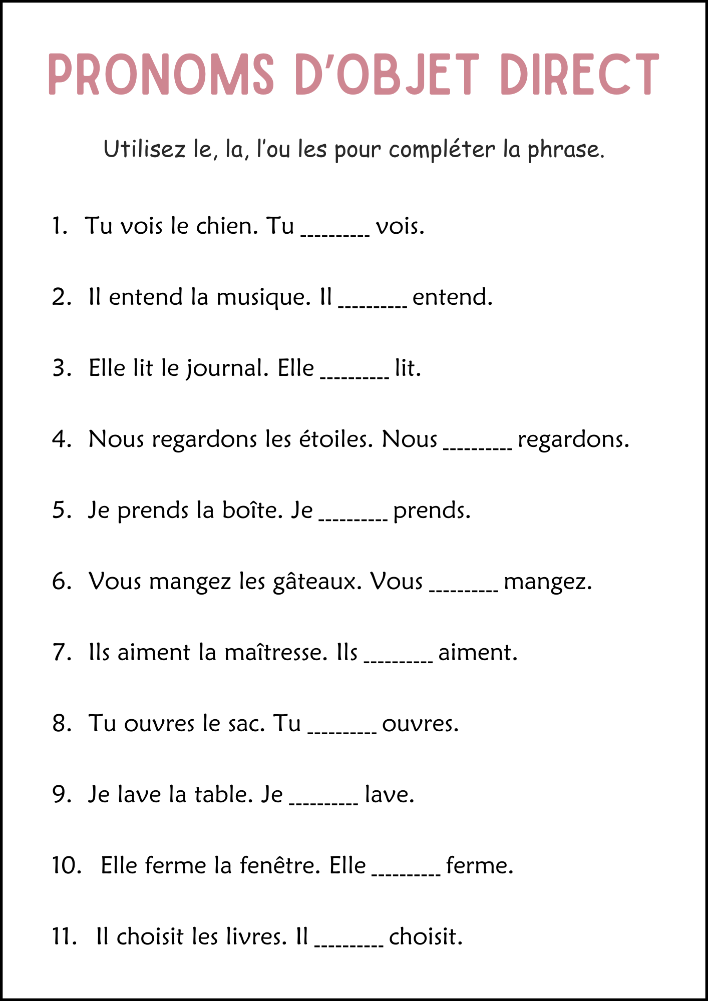Direct Object Pronouns Practice Grammar Worksheets in French for Grade ...