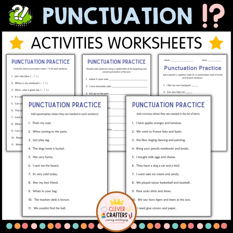Punctuation Practice Worksheets - Periods, Question Marks, Exclamation ...