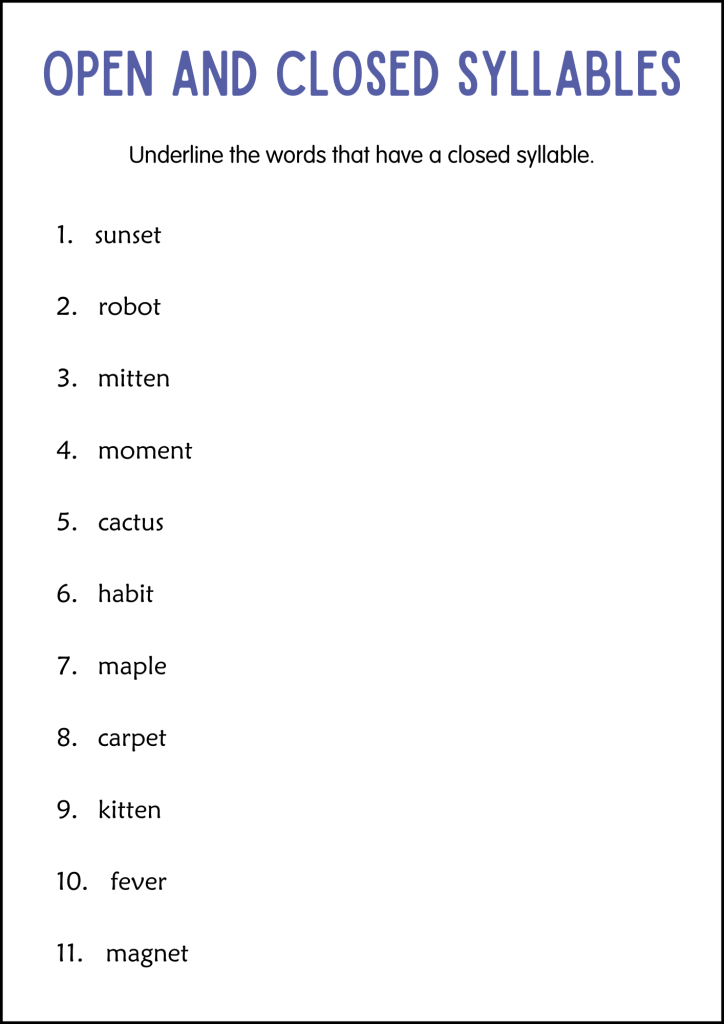 Printable Open and Closed Syllables Grammar Worksheets for Grade 1, 2 ...