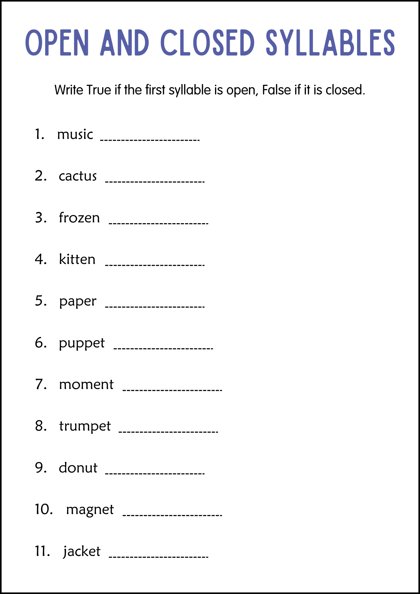 Printable Open and Closed Syllables Grammar Worksheets for Grade 1, 2 ...