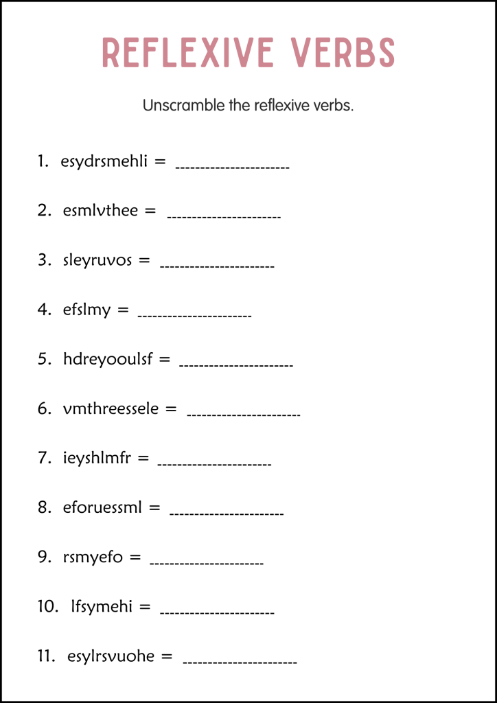 Printable Reflexive Verbs Practice Grammar Worksheets for Grade 2, 3, 4 ...