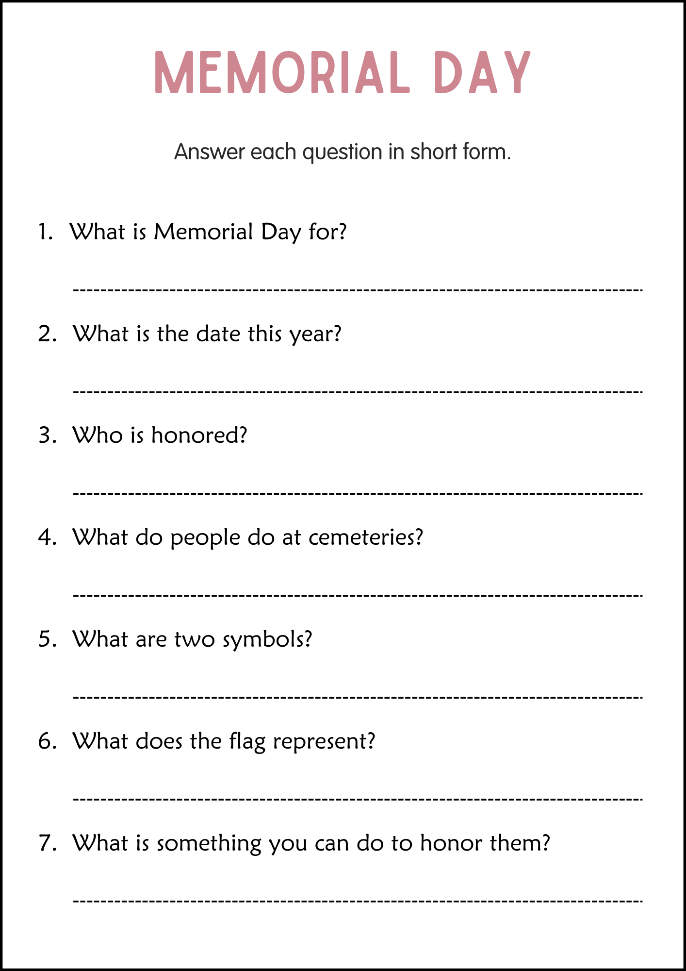 Printable Memorial Day - Passage and Questions Activity Worksheets for ...