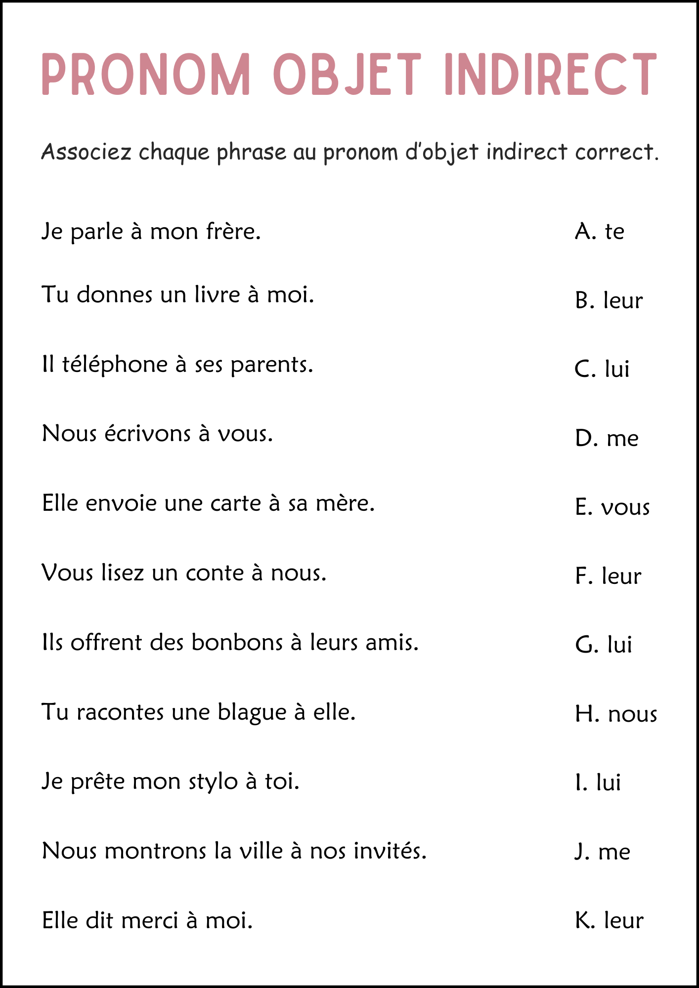 Indirect Object Pronouns in French Practice Grammar Worksheets for ...