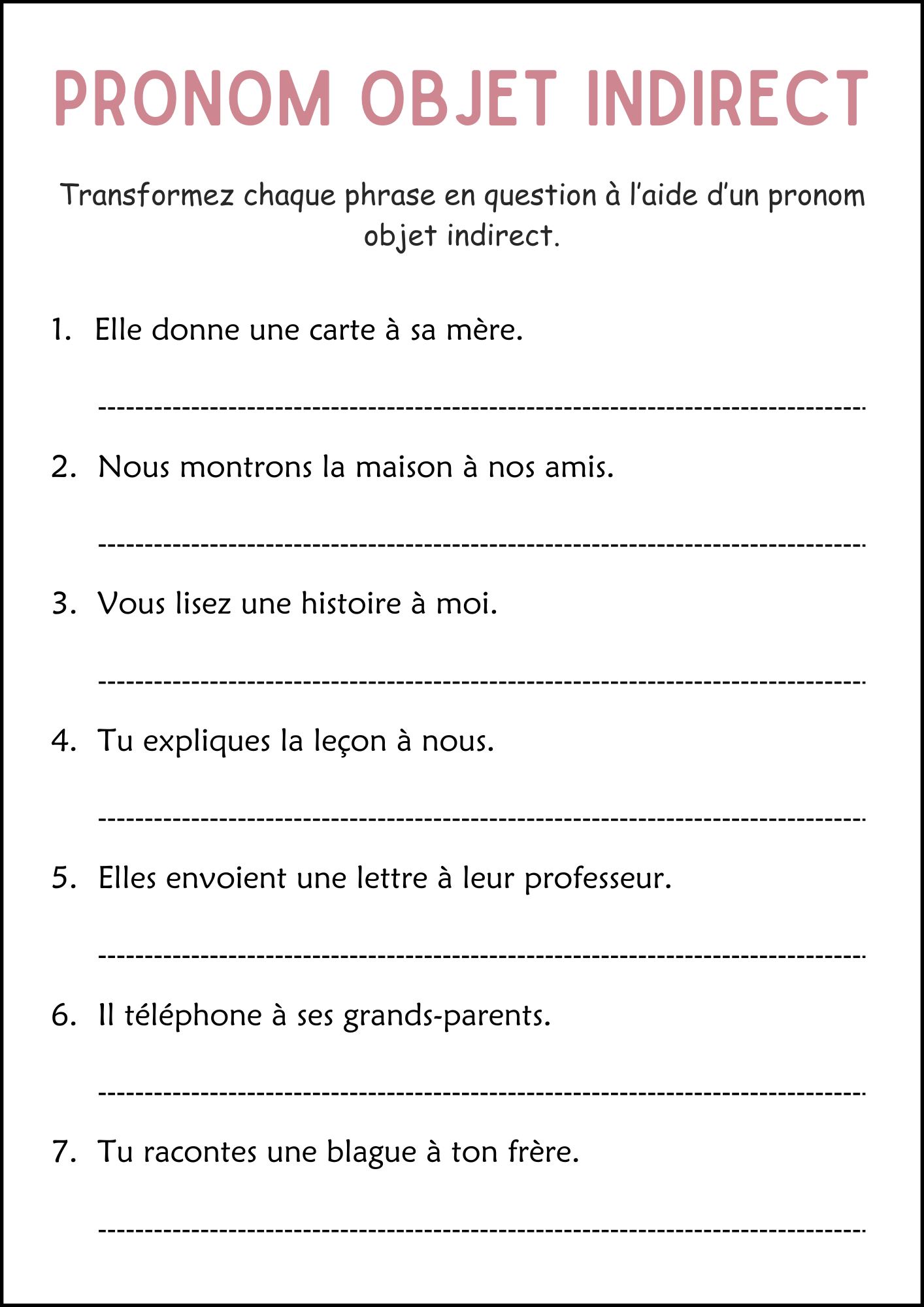 Indirect Object Pronouns in French Practice Grammar Worksheets for ...