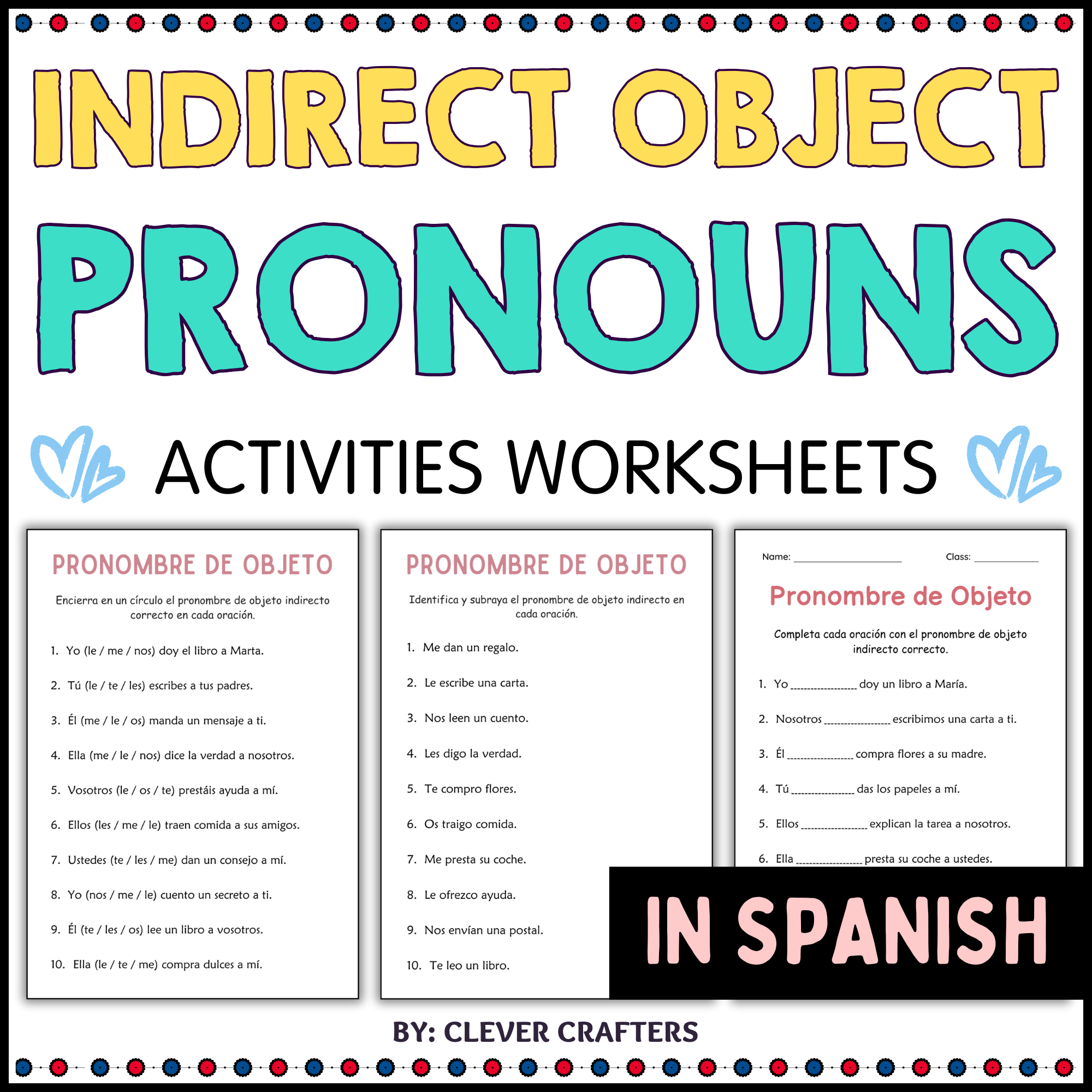 Indirect Object Pronouns Worksheets in Spanish - Pronombres de Objeto ...