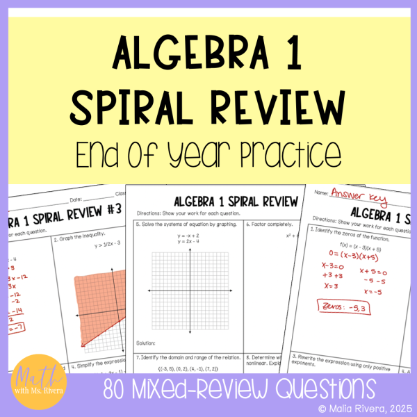Algebra 1 Spiral Review End of Year Packet | Final Exam Test Prep ...