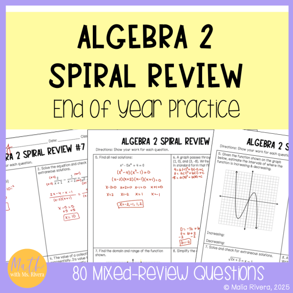 Algebra 2 Spiral Review End of Year Packet | Final Exam Test Prep ...