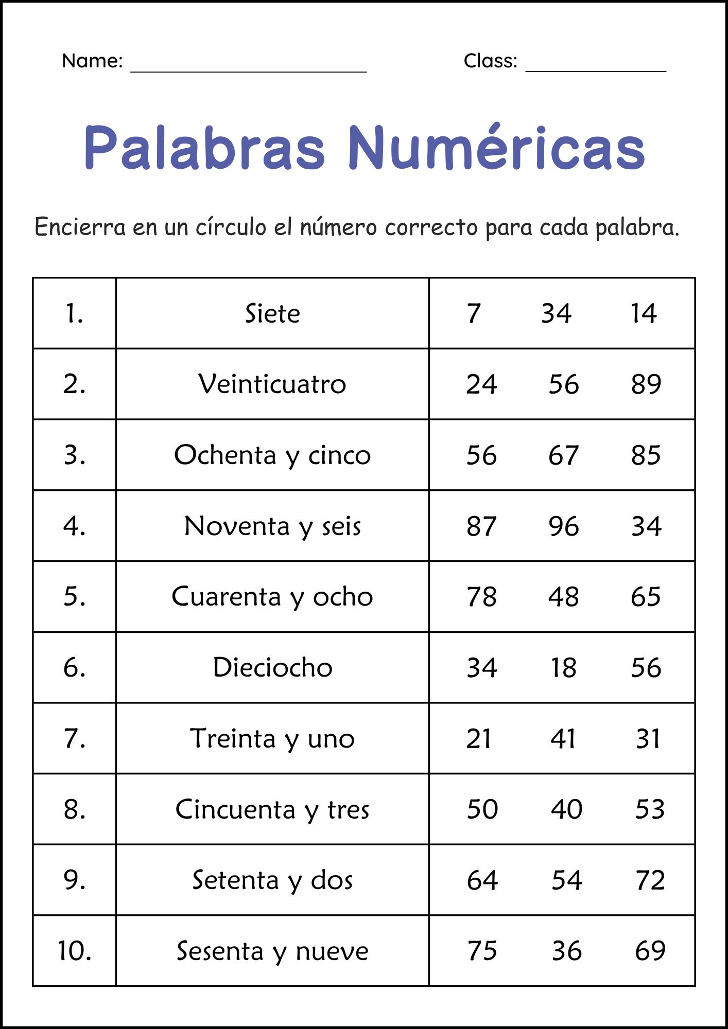 Number Words 1 to 100 Worksheets in Spanish - Palabras Numéricas del 1 ...