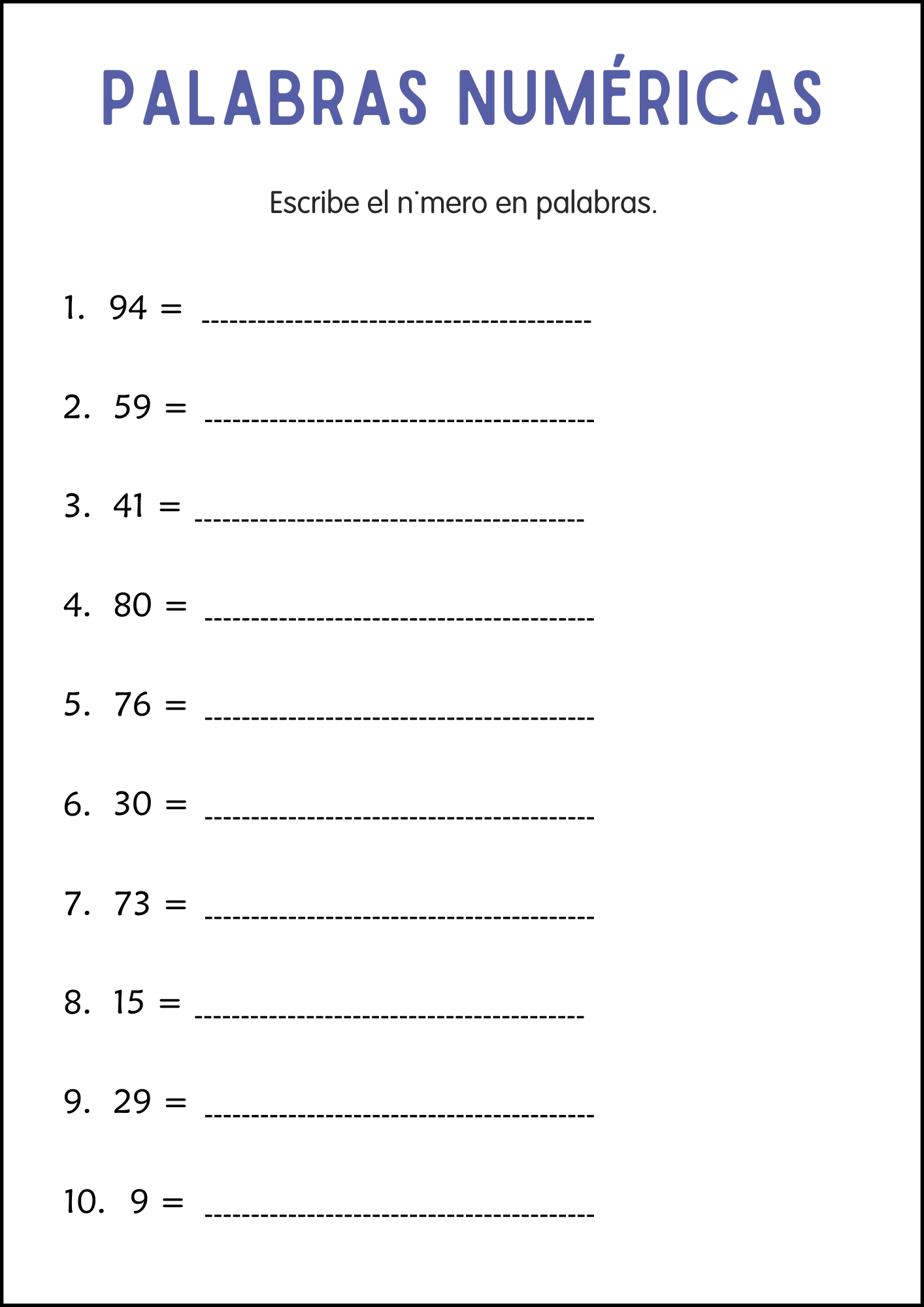 Number Words 1 to 100 Worksheets in Spanish - Palabras Numéricas del 1 ...