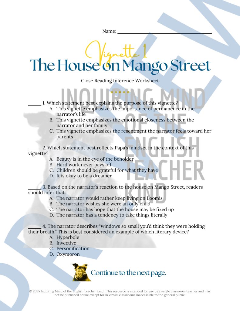 The House on Mango Street Close Reading Inference Worksheets Bundle ...