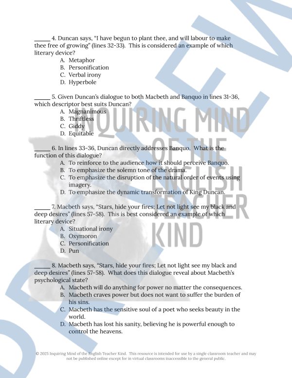 Macbeth Act 1 Scene 4 Close Reading Analysis Worksheet for High School ...