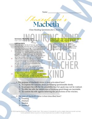 Macbeth Act 1 Scene 5 Close Reading Analysis Worksheet for High School ...