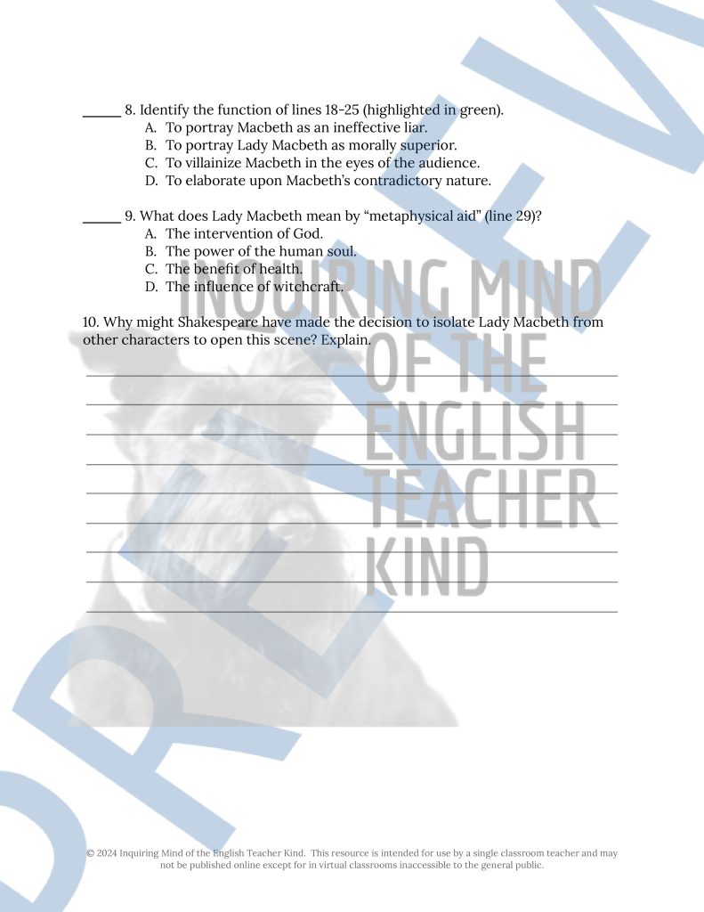 Macbeth Act 1 Scene 5 Close Reading Analysis Worksheet for High School ...