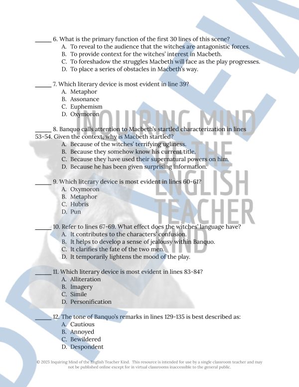 Macbeth Act 1 Scene 3 Close Reading Analysis Worksheet for High School ...