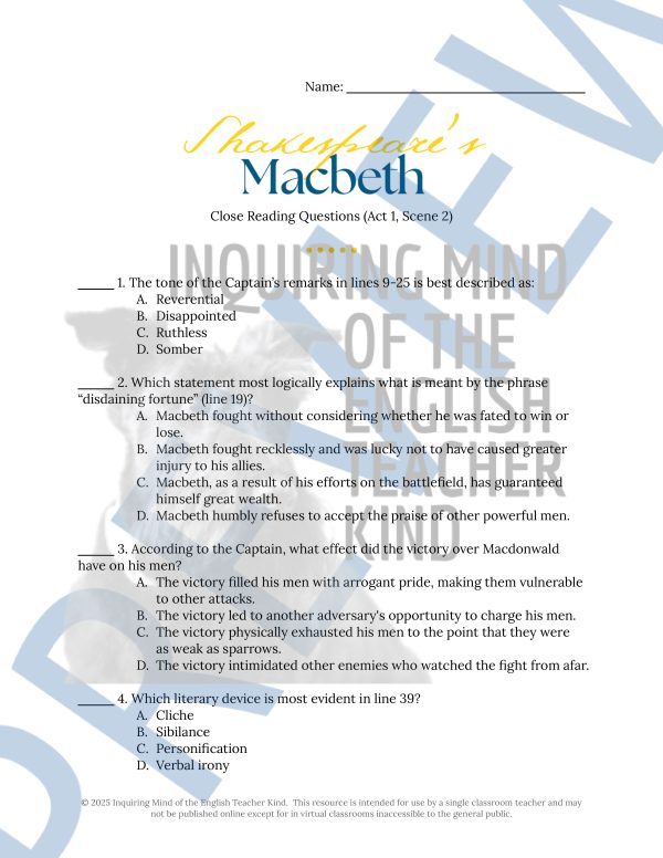 Macbeth Act 1 Scene 2 Close Reading Analysis Worksheet for High School ...