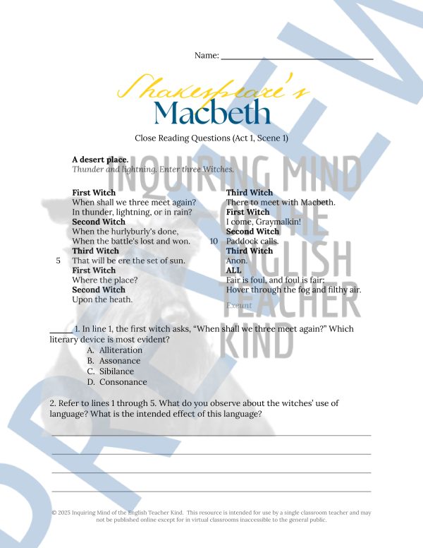 Macbeth Act 1 Scene 1 Close Reading Analysis Worksheet for High School ...