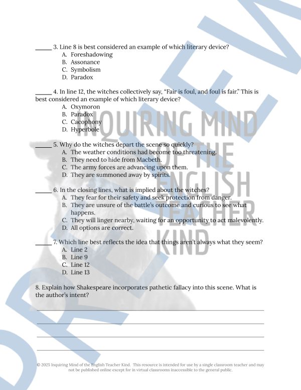 Macbeth Act 1 Scene 1 Close Reading Analysis Worksheet for High School ...