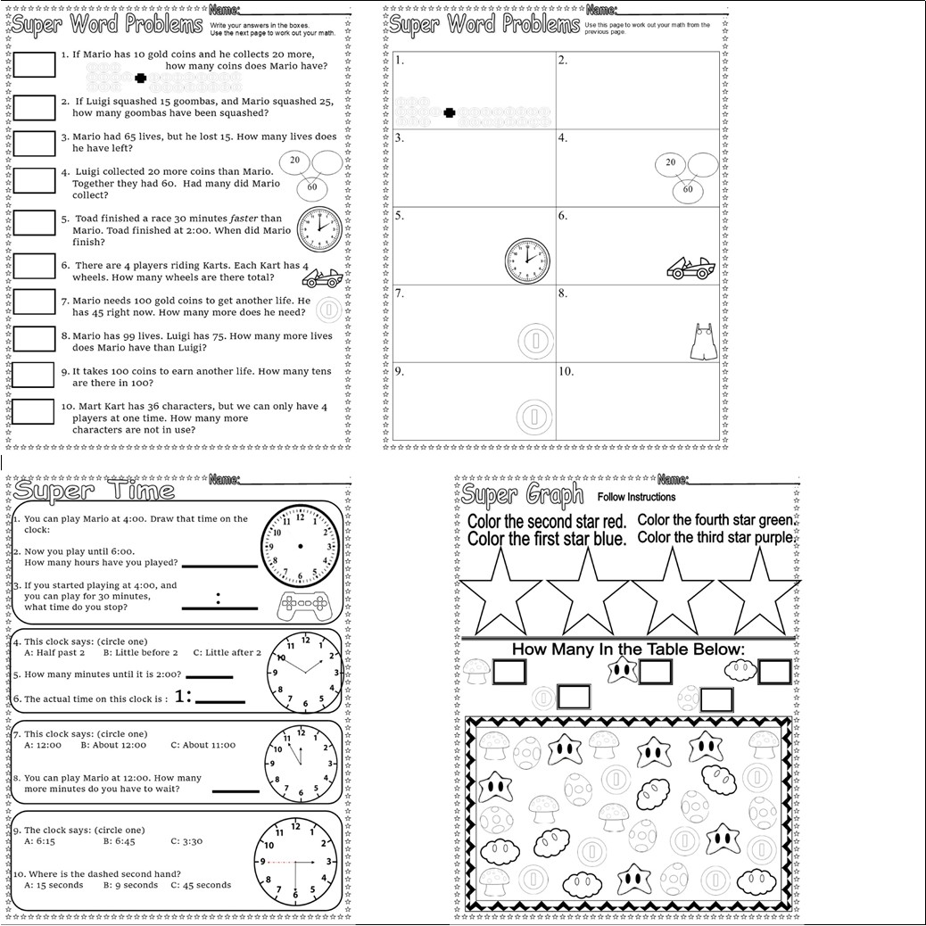 Super Gamer Mario Math Practice Telling Time Addition Multiplication ...