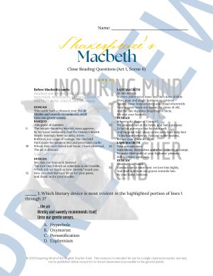Macbeth Act 1 Scene 6 Close Reading Analysis Worksheet for High School ...