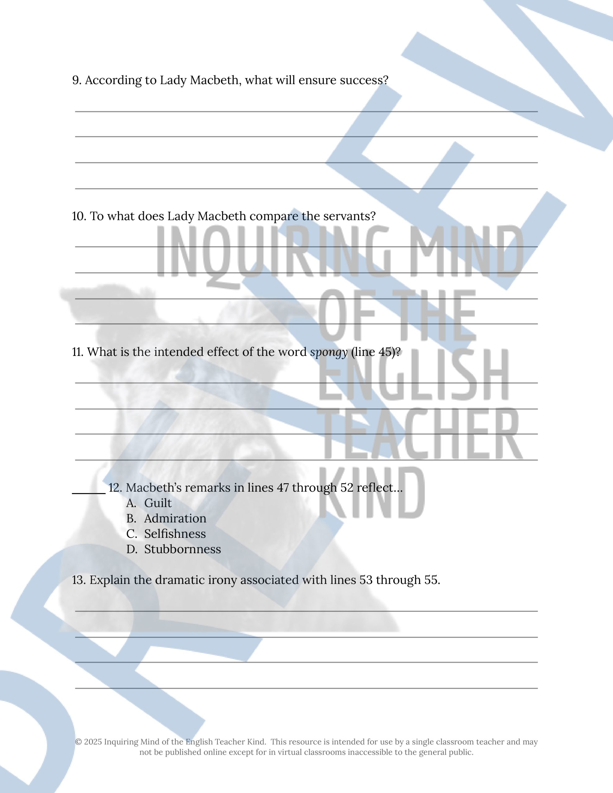 Macbeth Act 1 Scene 7 Close Reading Analysis Worksheet for High School ...