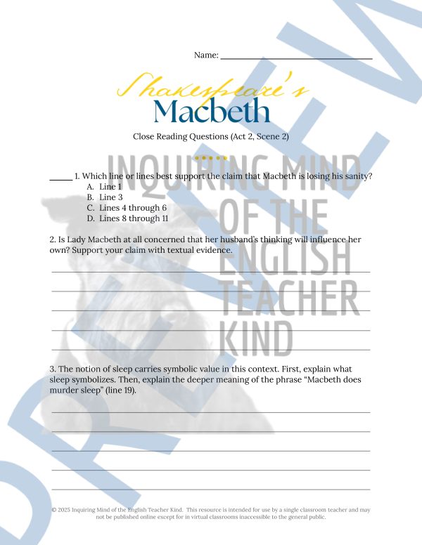 Macbeth Act 2 Scene 2 Close Reading Analysis Worksheet for High School ...