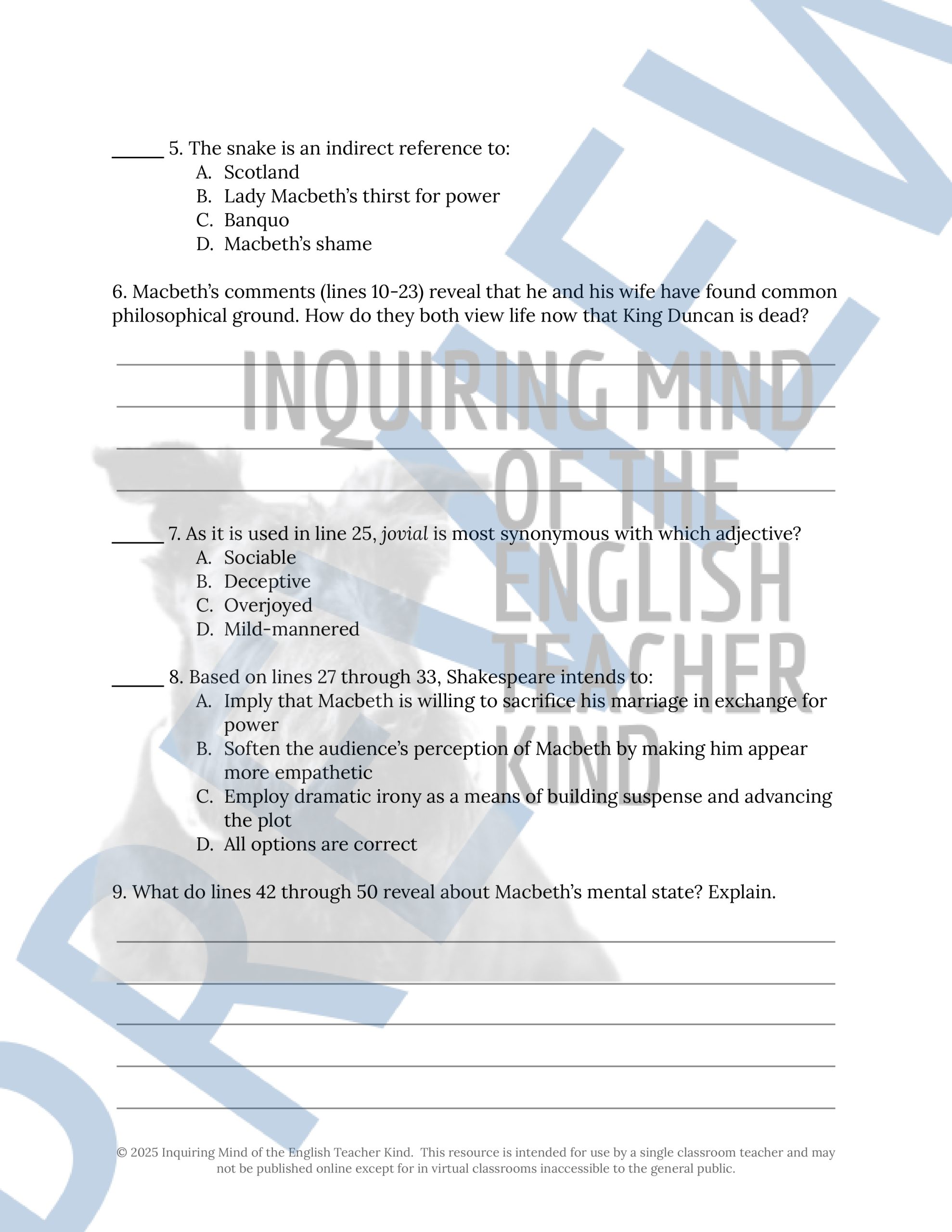 Macbeth Act 3 Scene 2 Close Reading Analysis Worksheet for High School ...