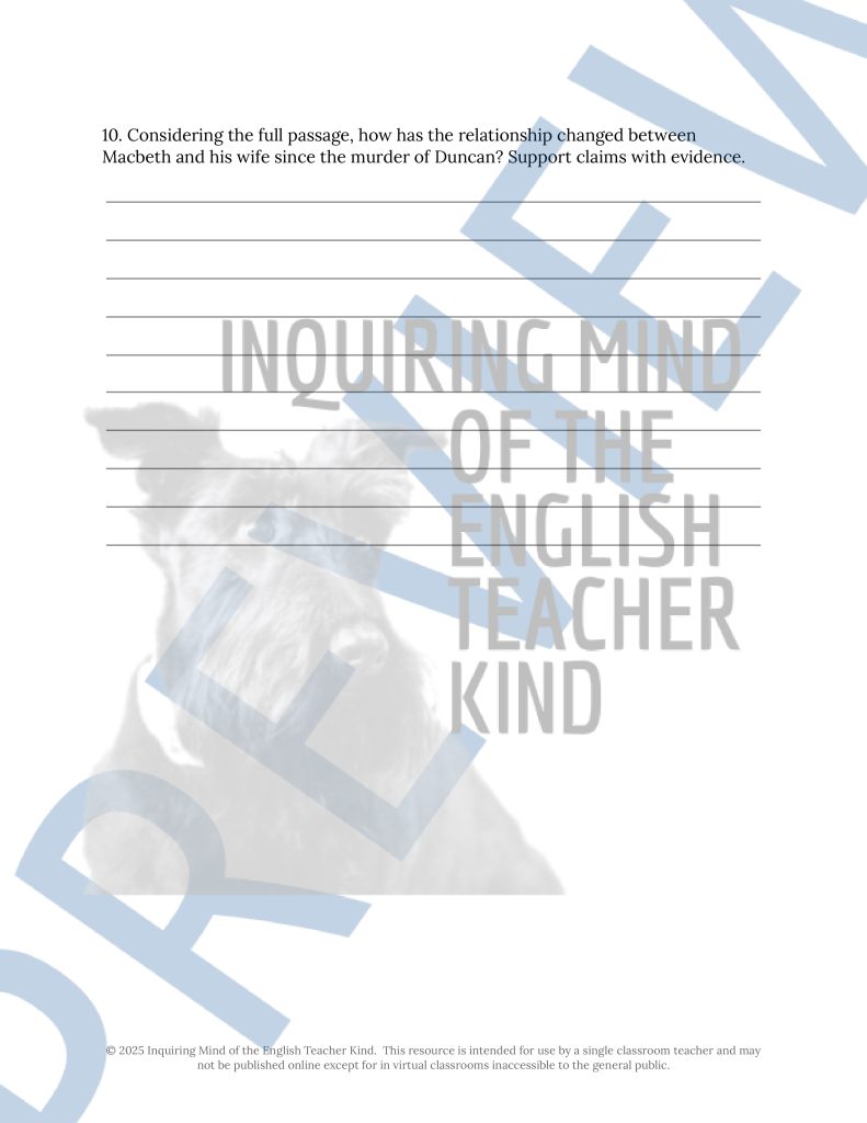 Macbeth Act 3 Scene 2 Close Reading Analysis Worksheet for High School ...
