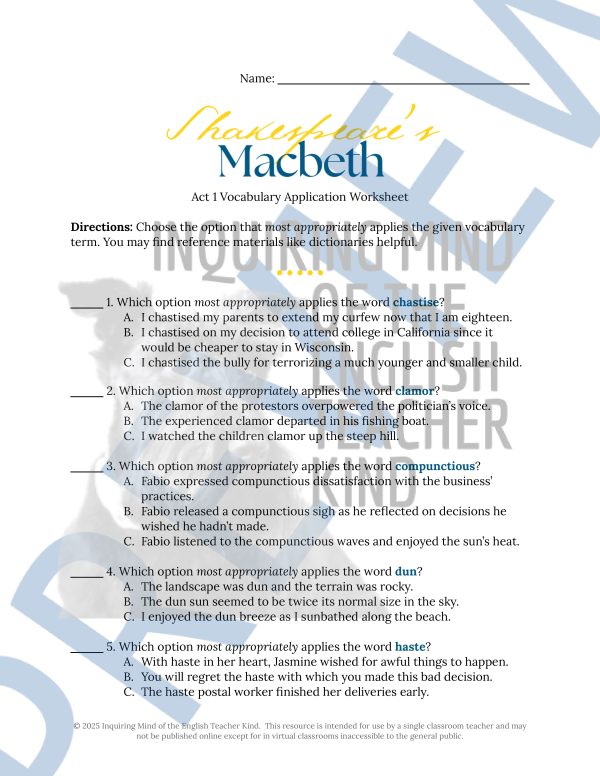 Macbeth Act 1 Vocabulary Activities | Crossword Puzzle | Word Search ...
