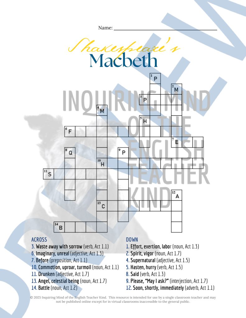 Macbeth Act 1 Quiz, Close Reading Worksheets, and Vocabulary Games ...