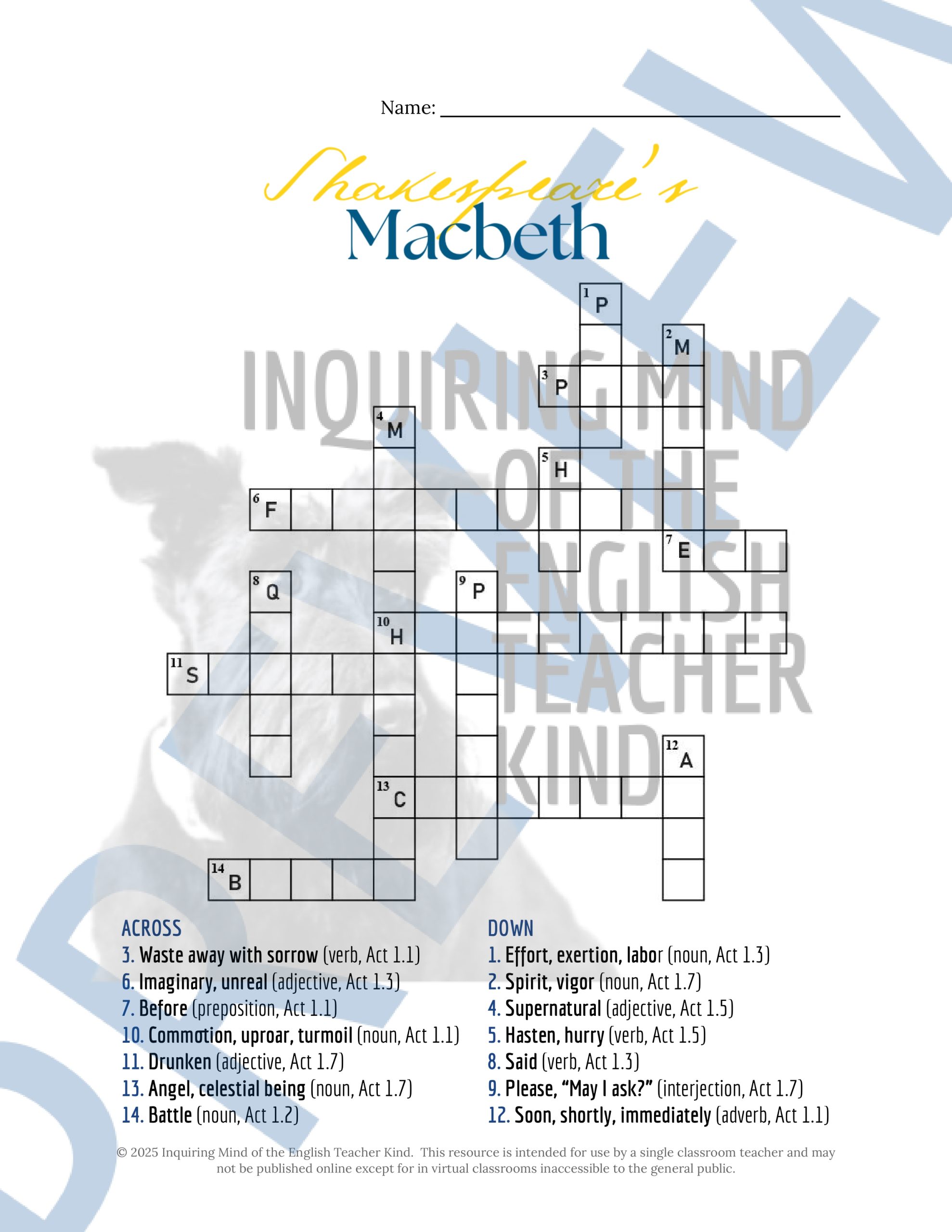 Macbeth Act 1 Quiz, Close Reading Worksheets, and Vocabulary Games ...